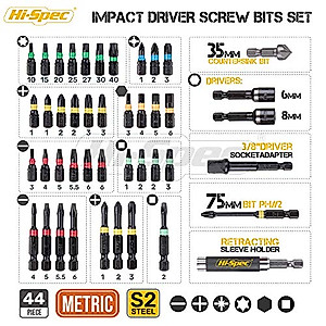 Hi-Spec 44pc Metric 1/4in Impact Screw Driver Bit Set. Hex Shank S2 Steel Screwdriver Bits Box Set for Electric Drill Drivers and Power Screwdrivers