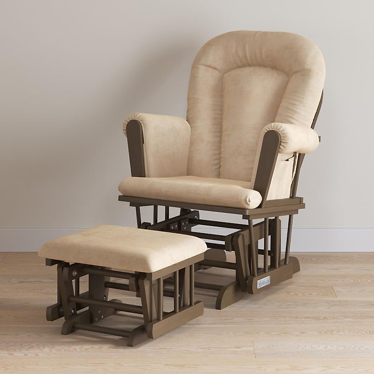 Child Craft Tranquil Glider Rocker and Ottoman Set, Extra Thick Padded Cushion with Convenient Storage Pockets, Solid Wood Base & Frame (Cocoa Bean Brown Frame with Tan Microfiber Foam Cushion)