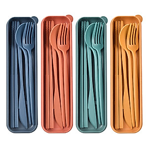 Travel Utensils with Case, Reusable Utensils Set with Case, Lunch Box Utensils Set Portable Utensils Set for Lunch Box School Picnic Travel Camping or Daily Use (4 Colors)