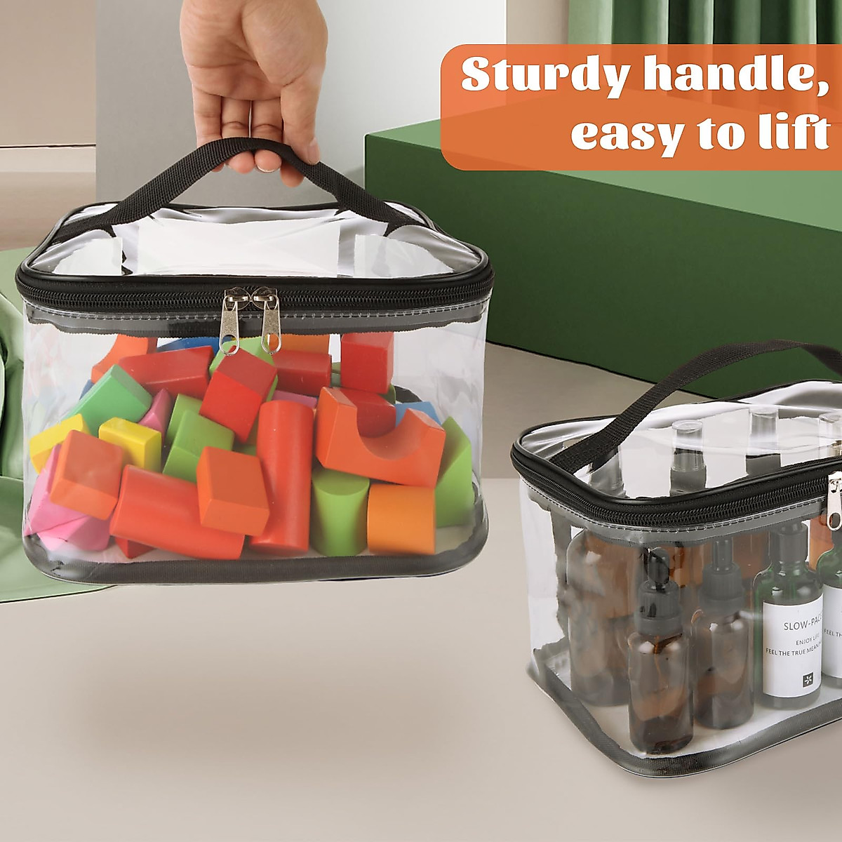 YAYODS 6 Pack Clear Toy Storage Bags with Zipper and Handle, PVC Waterproof Toy Organizer Bags for Board Games, Building Blocks, Small Toys (Black, Orange, 9.5 x 6.7 x 5.5 Inch)