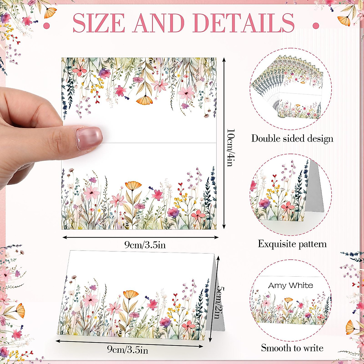 Dunzoom 100 Pcs Floral Place Cards 3.5" x 2" Wildflower Tented Cards Name Cards Blank Table Name Sign for Wedding Baby Shower Party Banquet Table Setting Supplies