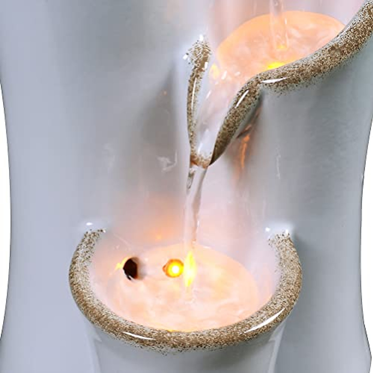 Indoor Water Fountain Imitation Ceramics Appearance Tabletop Fountain Relaxation Desktop Waterfall Fountain w/ 3 Reflective led, 9.8 Inch Tall Fountain (Grey)