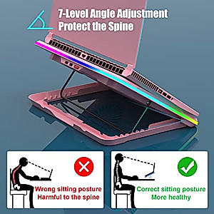 ANC160 Laptop Cooling Pad, Full Surround LED Strip, 15 Types of Lighting Effects, 3 Stepless Adjustment Quiet Fans, 7 Angle Adjustment, Supports up to 19 inch (Pink)