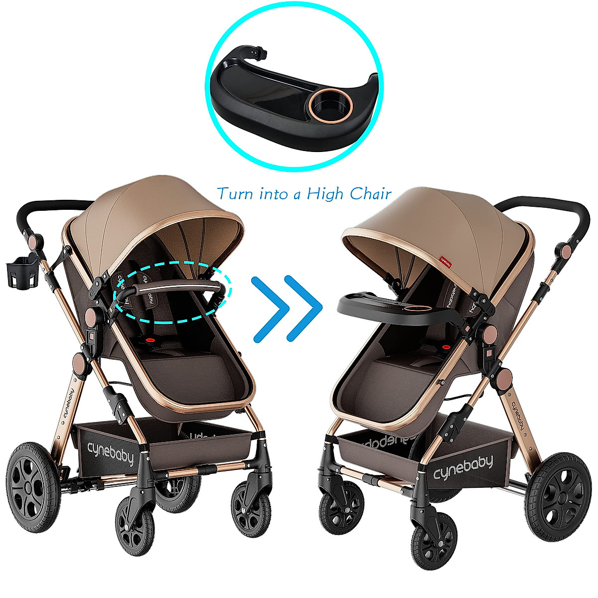Newborn&Infant&Toddler Foldable All-Terrain High Landscape Baby Stroller Aluminum Alloy 2 in 1 Convertible Reversible Bassinet Pram,Convertible with Detachable Foot Cover and Tray