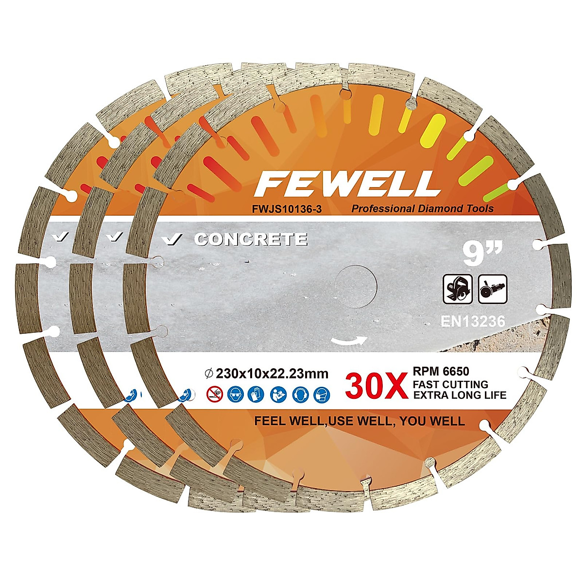 FEWELL 9 Inch Diamond Blade, Segmented General Purpose Blade Dry/Wet Cutting Concrete, Masonry, Brick, Block，Stone (3 Packs)