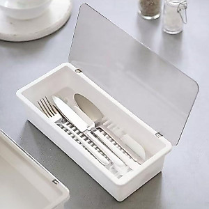 AIYoo Flatware Tray Kitchen Drawer Organizer With Lid And Drainer - Plastic Kitchen Cutlery Tray and Utensil Storage Container with Cover 12.5 Inch - Dinnerware Holder White
