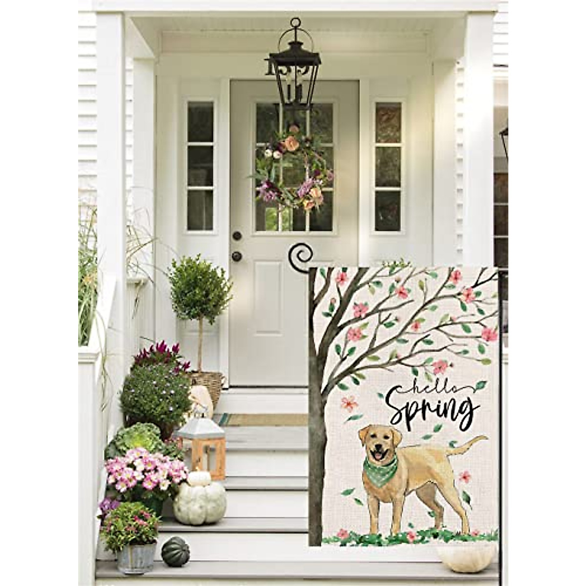 Hello Spring Dog Garden Flag 12x18 Inch Double Sided,Golden Retriever Under The Tree Small Yard Flag for Outdoor,Summer Seasonal Decors for Farmhouse Holiday Outside