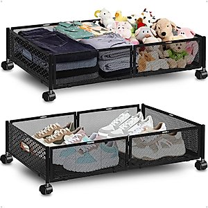 punemi Under Bed Storage with Wheels, 2 Pcs Underbed Storage Containers Rolling Drawers with Handle, 23.6 x 15.7 x 6.2in Tall Metal Under Bed Shoe Organizers for Clothes, Tool-free Assembly Black