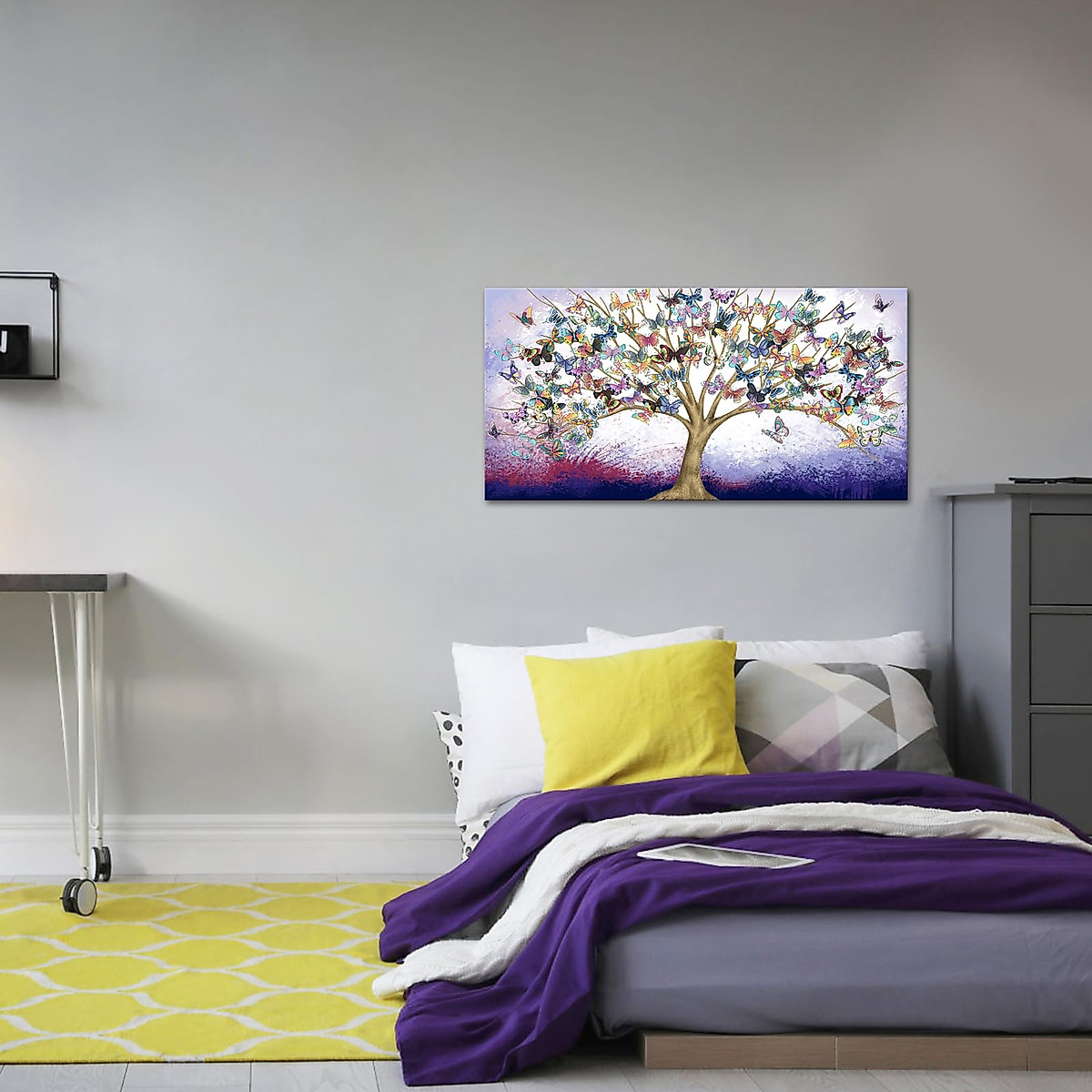 FuShvre Butterfly Pictures Wall Decor Purple Butterflies Canvas Wall Art Prints Tree of Life Artwork Painting Framed 24"x48"