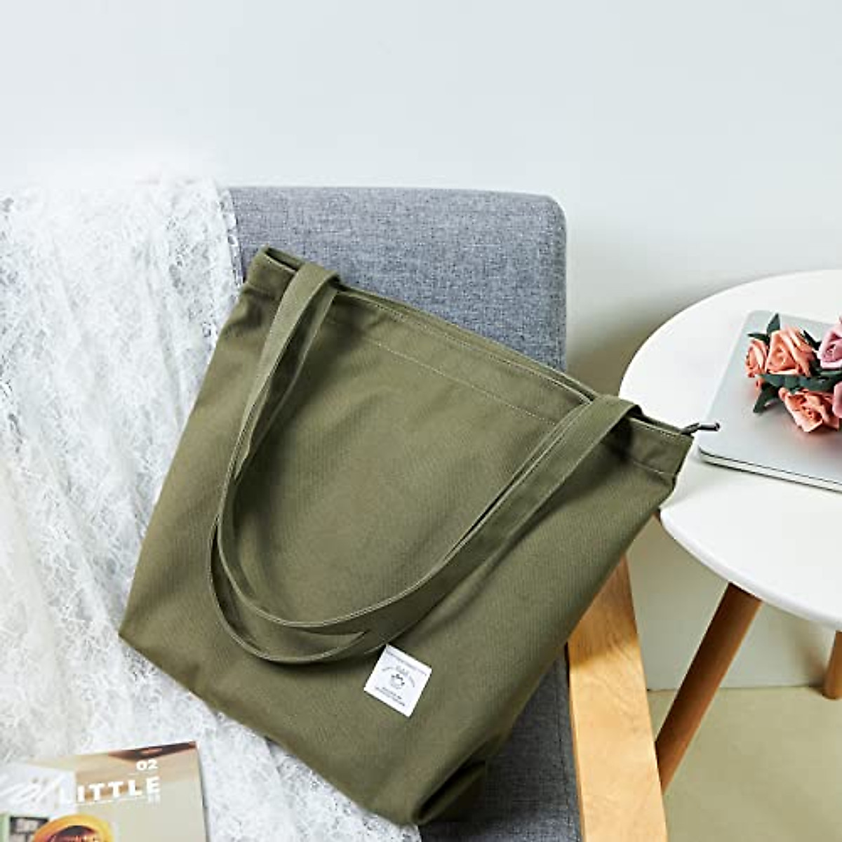 KALIDI Women's Canvas Tote Bag Retro Shoulder Bag Canvas Handbags Purse with Zipper Pockets Simple Work Bag, Cream White