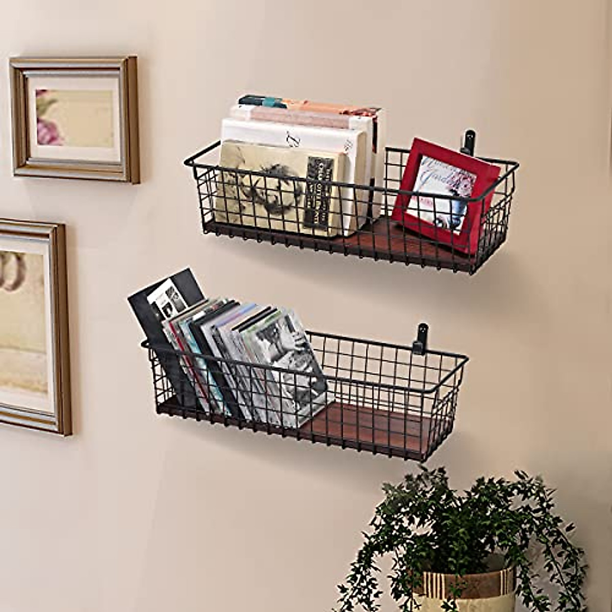 2 Set [Extra Large] Portable Metal Farmhouse Wall Decor Storage Organizer Basket Bin with Handles and Floating Shelves for Hanging in Bathroom,Kitchen,Office-Wall Mount Hooks Included (2, Black)