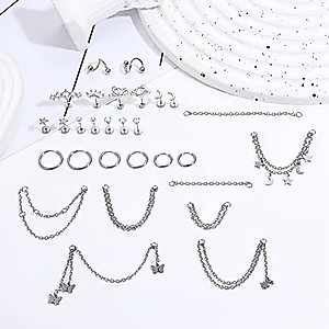 ZELORES 20G Cartilage Earrings Set For Women Men Stainless Steel Small Huggie Hoop Earring Flatback Star Moon Butterfly CZ Cartilage Stud Earrings Chain Dangle Cartilage Helix Tragus Piercing Jewelry,