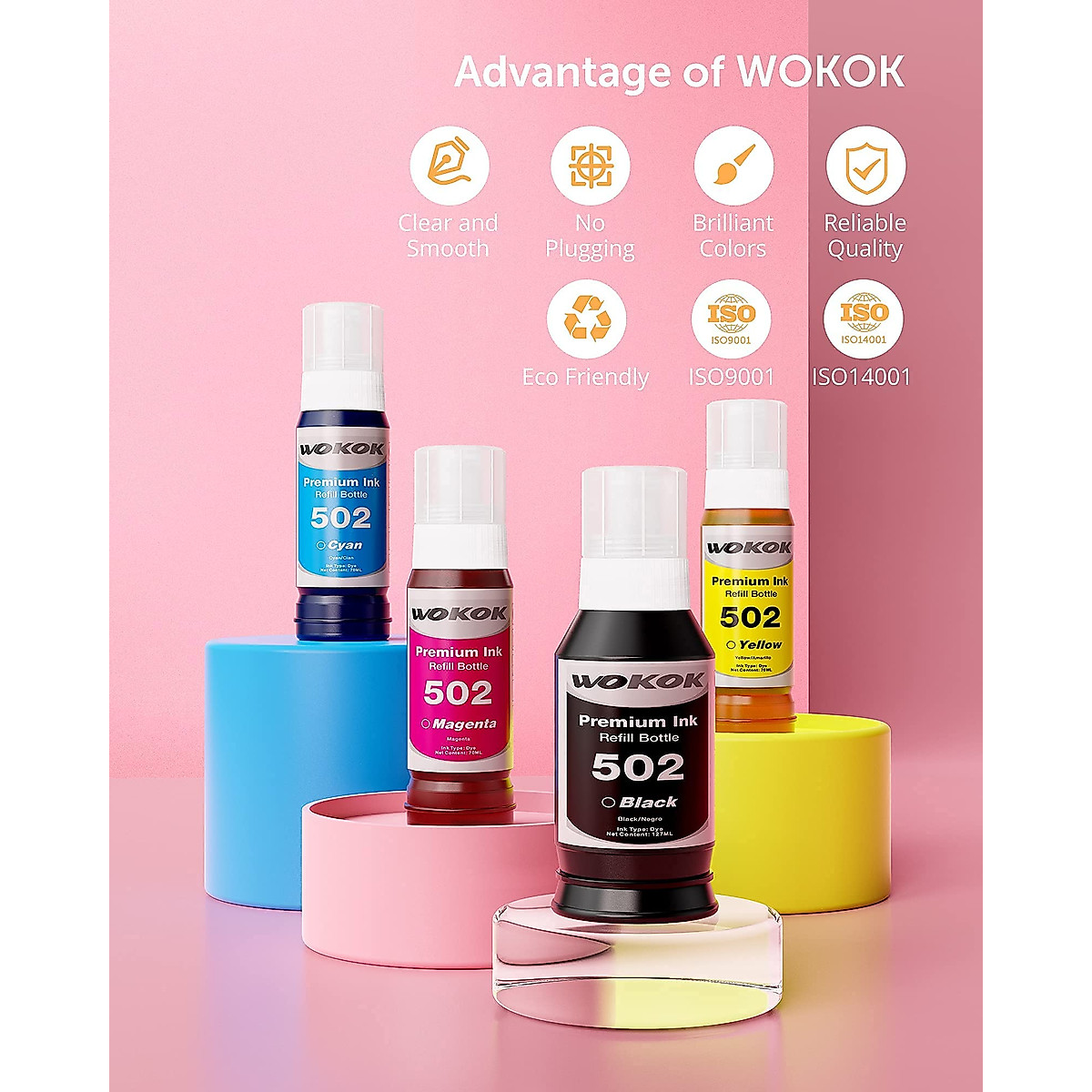 WOKOK Compatible Refill Ink Bottles for 502 T502 T502520-S Use with Printer ET-2000 ET-2750 2760 2850 3700 3710 3750 3760 3830 3850 4750 4760 15000etc. (Black,Cyan,Magenta,Yellow) Not Sublimation Ink