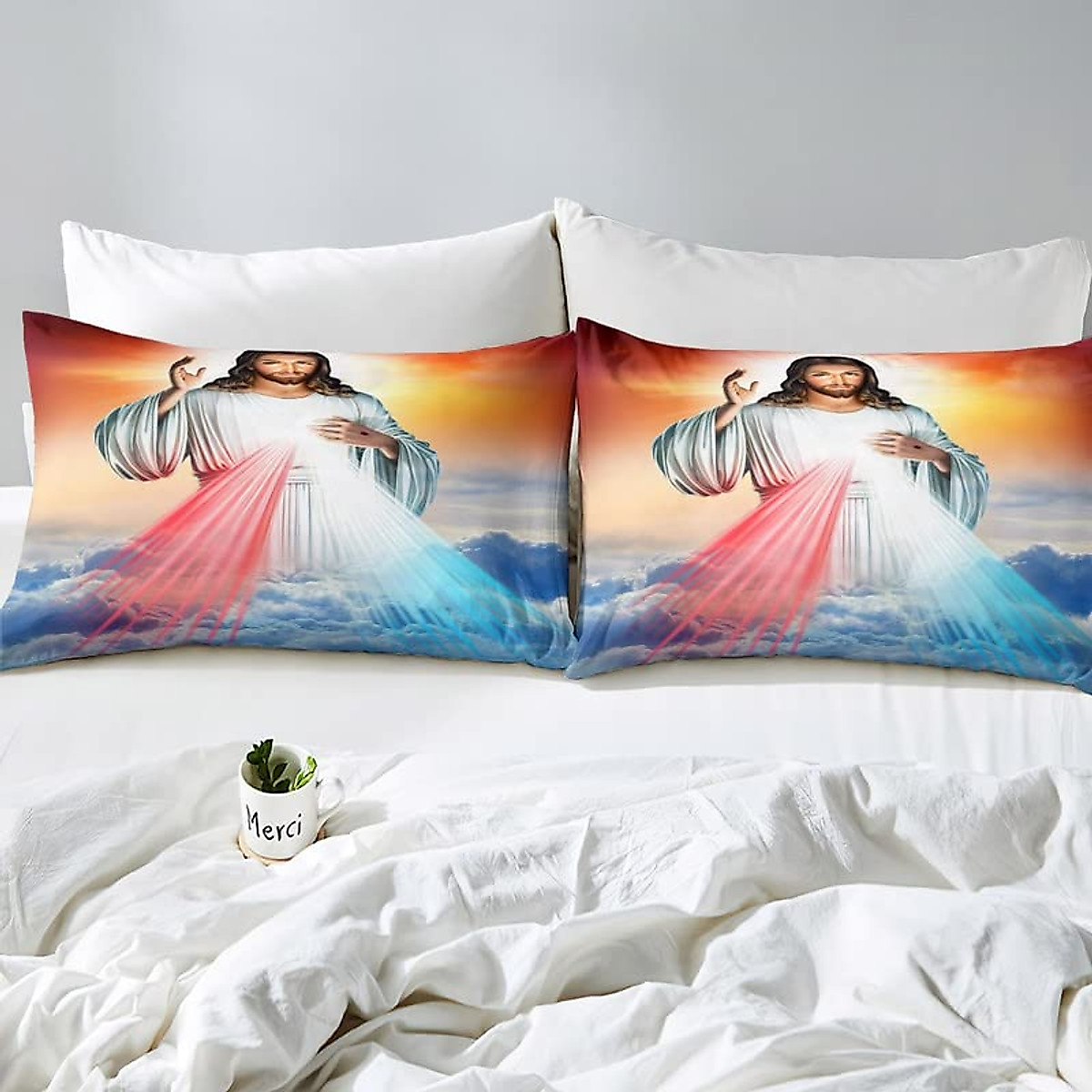 Erosebridal Jesus Comforter Set, Christian Easter Duvet Sets Full Size for Teens Adult Women Bedroom Decor, Mary Bless Down Comforter Religious Culture Quilted Duvet 3 Pieces with 2 Pillow Cases
