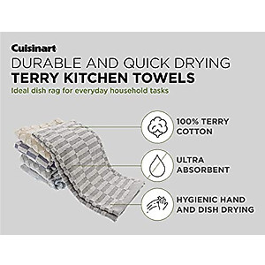 Cuisinart 100% Cotton Kitchen Towels, 2pk - Soft, Absorbent, Bleach Safe Dish Towels Perfect for Everyday Use - Bleach Proof Towels Remain Vibrant and Durable After Wash-16 x 27 Hand Towels - Gray