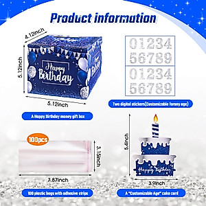 TOYEISHI Birthday Money Pull Box for Cash Gift with DIY Self-Adhesive Stickers for Any Age, Happy Birthday Money Box for Cash Gift Pull Out Cake Card and 100Pcs Bags, Birthday Party Decor Ideas-Blue