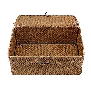 FOMIYES Seagrass Storage Baskets with Lid：Natural Wicker Baskets Woven Rectangular Basket Bins for Household Organizer Boxes Shelf Wardrobe Organizer- Size L
