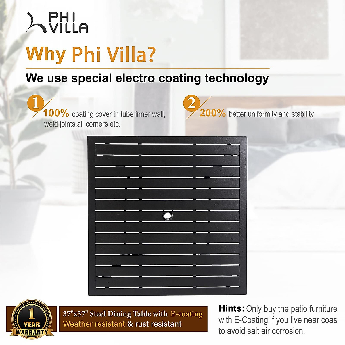 PHI VILLA Patio Dining Set 5 Piece Wrought Iron Metal Outdoor Table and Chairs Set, 37" Square Patio Table and 4 Stackable Chairs Support 300LBS for Deck, Lawn, Garden