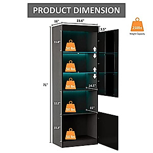 AMERLIFE 2 Piece 71in Tall Bookcase Storage Cabinet with Glass Doors, Modern High Gloss LED Bookshelf Display with 5 Tiers for Storage & Adjustable Glass Shelves for Living Room, Office, Black