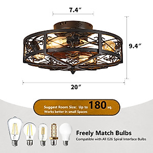 MeZeYo 20" Caged Farmhouse Flush Mount Ceiling Fan with Light and Remote Control Bladeless Low Profile Ceiling Fans with Lights Enclosed Vintage Fan 6 Speed Reversible for Kitchen, Bedroom