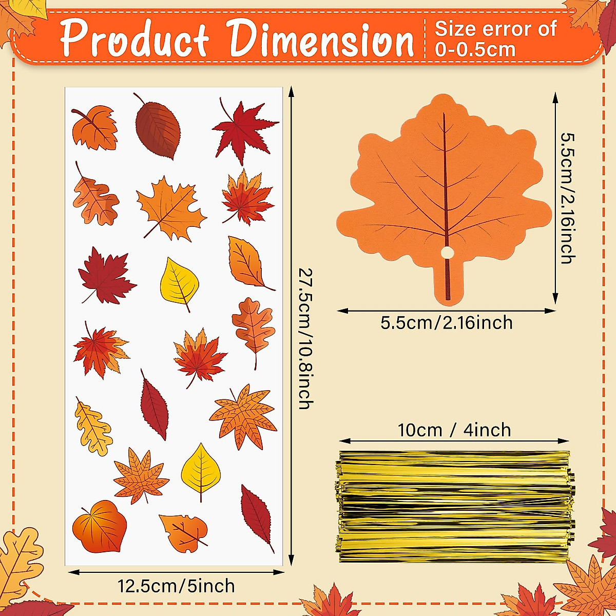 Gueevin 150 Set Fall Leaves Cellophane Treat Bags Goodie Candy Bag Bulk Cookie Bags Cello Bags with Twist Ties Gift Cards Party Favors Bags for Party Supplies