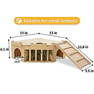 Fhiny Guinea Pig Wooden Castle with Hay Holder, Ventilated Chinchilla Hideout with Feeding Bowl Ladder, Small Animal Multi Chamber Hideaway for Young Guinea Pigs Chinchillas Hedgehogs