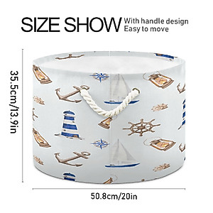 Kigai Watercolor Nautical Pattern Large Round Storage Basket with Handle, Collapsible Decorative Laundry Baskets for Blanket, Cotton Rope Organizer Toys Towels Nursery Hamper Bin, 20" x 14"