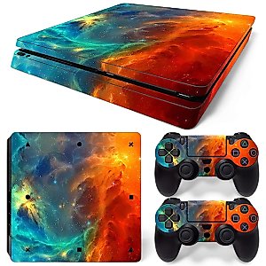 CENSTEEL PS4 S Skin for Playstation 4 Slim Console and Controllers, PS4 Slim Whole Body Vinyl Skin Sticker Decal Cover - Orange Starry Sky