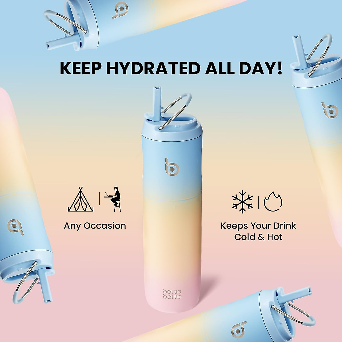 BOTTLE BOTTLE Insulated Water Bottle 24oz with Straw Lid and Handle for Sports Travel Gym Stainless Steel Water Bottles Double-Wall Vacuum Metal Thermos Bottles Leak Proof BPA-Free (blueyellowpink)