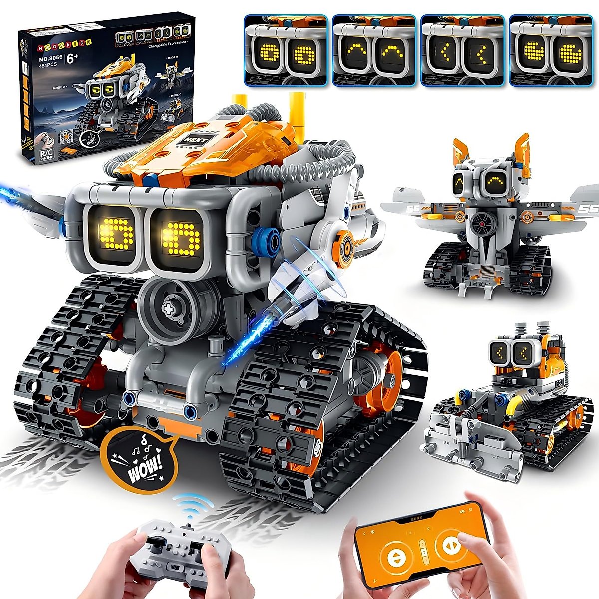 HOGOKIDS Changeable Expressions Robot Building Sets - 3 in 1 Remote & APP Supported Robotic Building Toy Having Sound Effect, Rechargeable RC Robot Birthday Present for Kids Age 6+ Boy & Girl (451PCS)