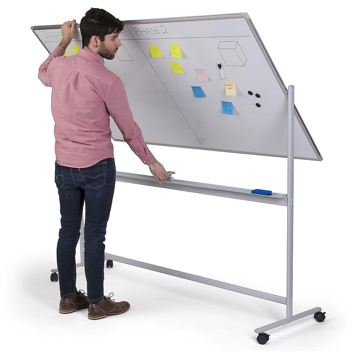 Displays2go 72 x 40 Double-Sided Magnetic White Board with Wheels - Silver (WHBMOB7240)
