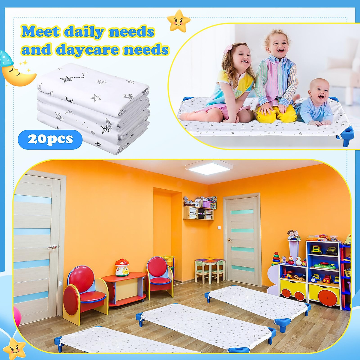 20 Pcs Daycare Cot Sheets for Toddler and Preschool Pure Cotton Breathable Fabric White Cot Sheets Standard Daycare Cot Bed Fitted Sheet for Boys and Girls, 51.18'' W x 23.62'' L (Star Moon Style)