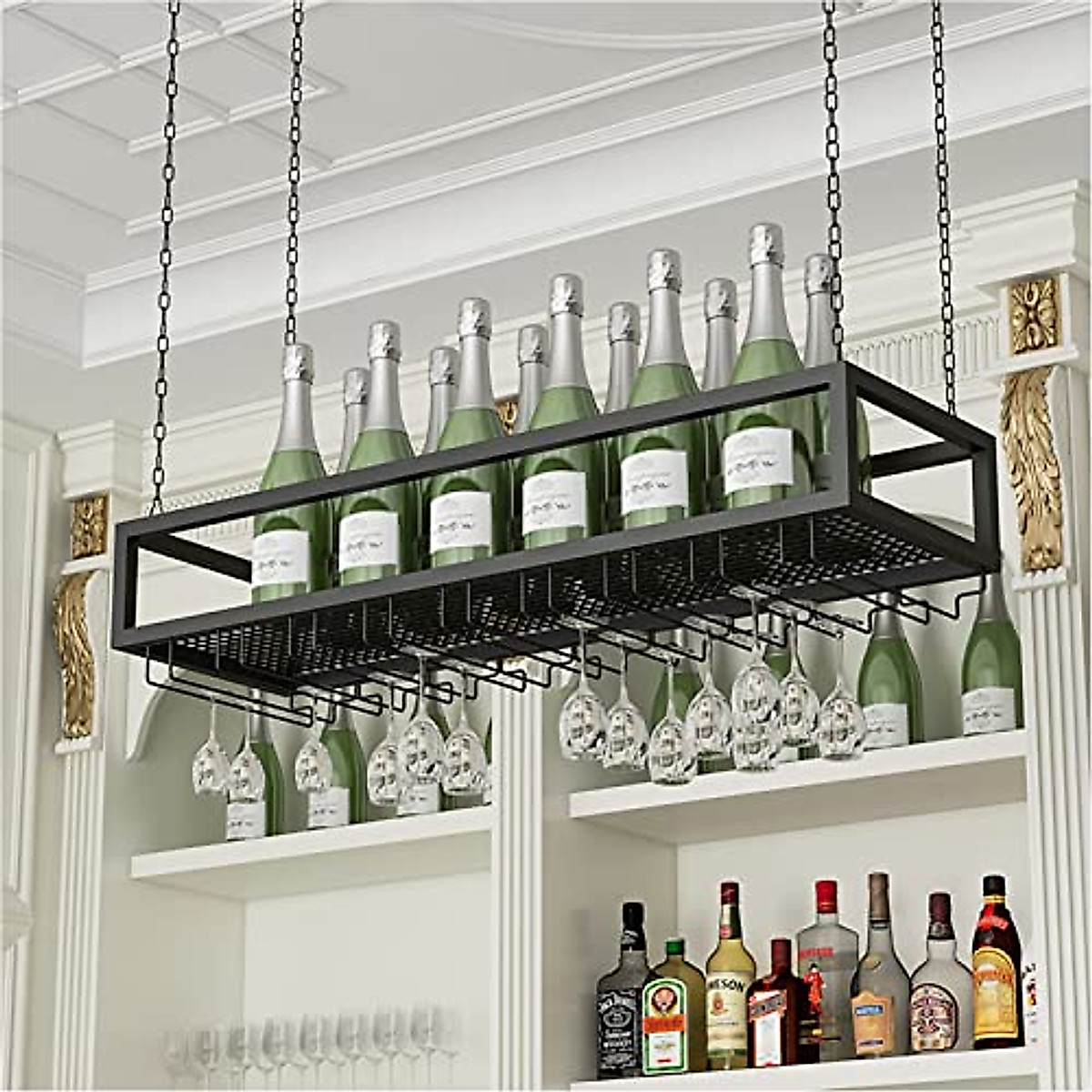DASHADAO Hanging Wine Glass Rack-Black Wine Rack Home Wine Bottle Racks Ceiling Wall-Mounted Storage Shelf with Hanging Stemware Champagne Glasses Holder Metal Bar Unit Floating Shelves HOM