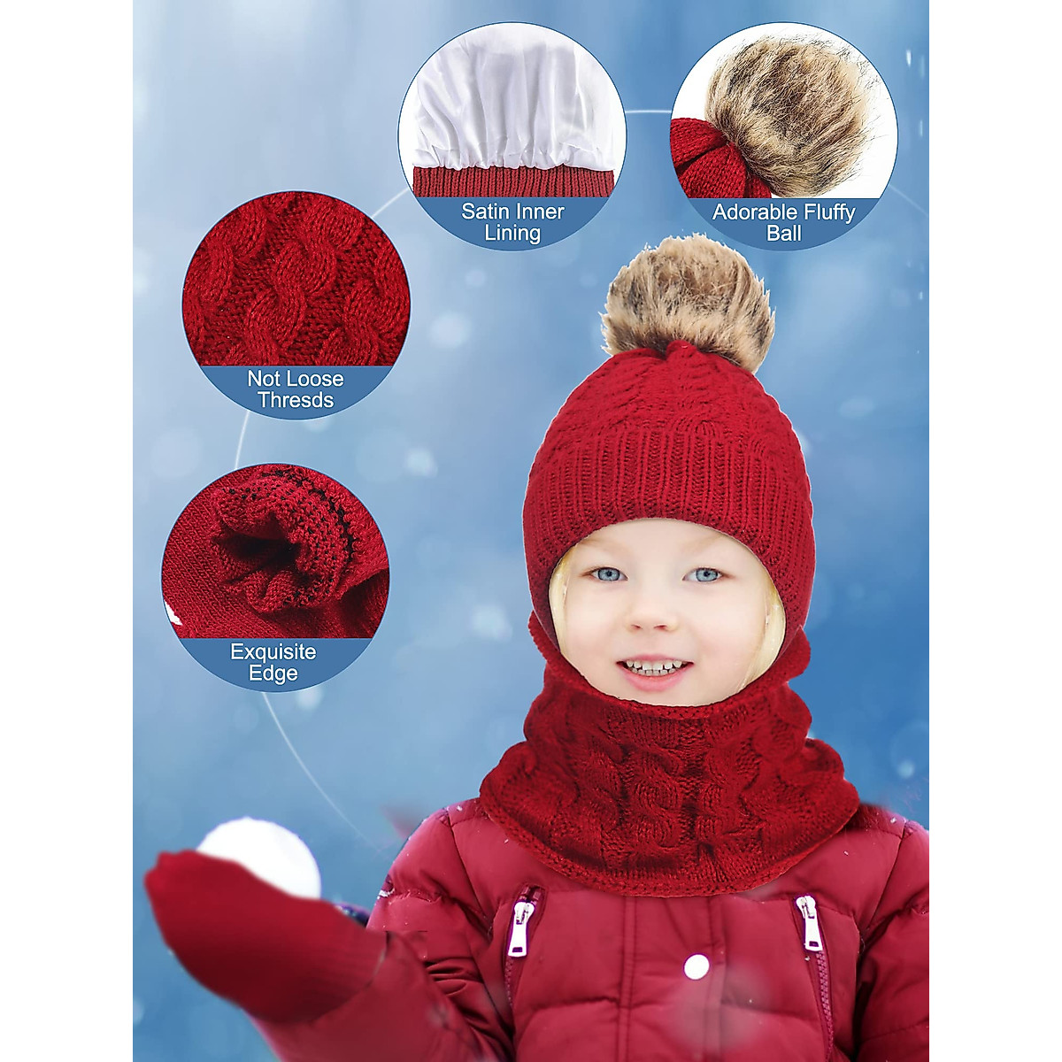 12 Pcs Kids Hat Scarf Gloves Set Winter Knit Beanie Cap Satin Inner Lining Neck Warmer Gaiter Warm Thermal Mittens Christmas Gift for Toddler Girls Boys 2-7 Years