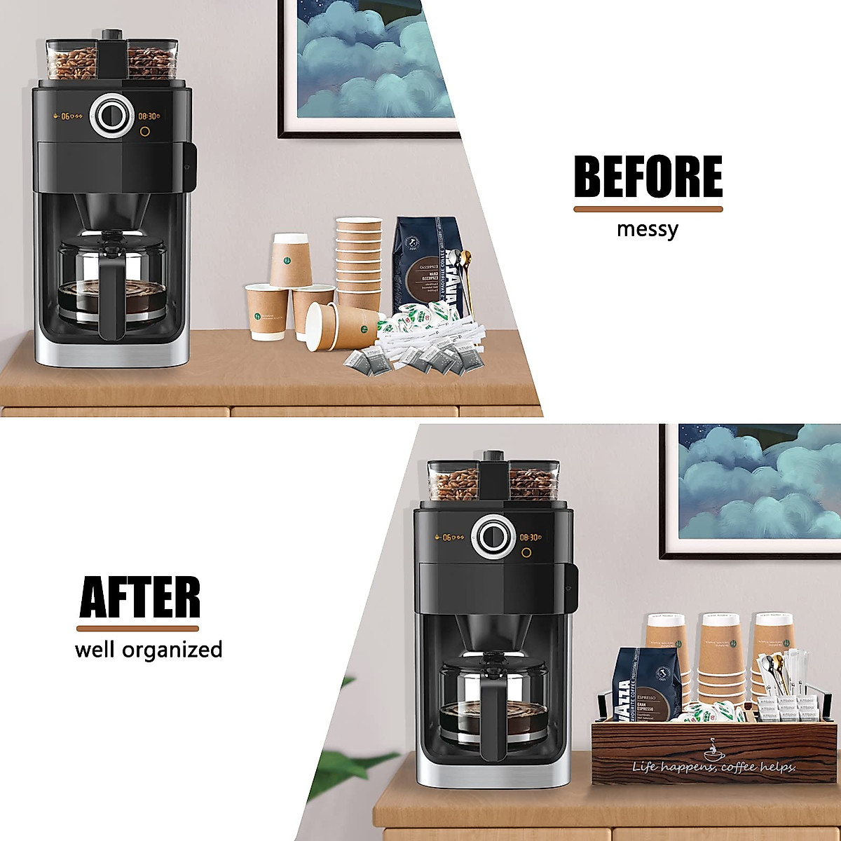 Ismosm Coffee Station Organizer, Farmhouse Coffee Bar Accessories Organizer Basket for Countertop, Office Coffee Station, Wooden Tray for Coffee Supplies and Essentials, Sugar, Syrup,Tea (Brown)