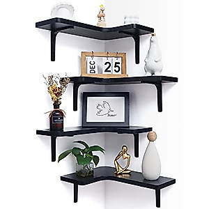 Corner Floating Shelves Set of 4 | Corner Wall Shelves | Wall Mounted Corner Storage Display Shelving for Bathroom, Bedroom, Living Room, Kitchen | 16" W x 11-2/5" D | L-Shaped, Matte Black
