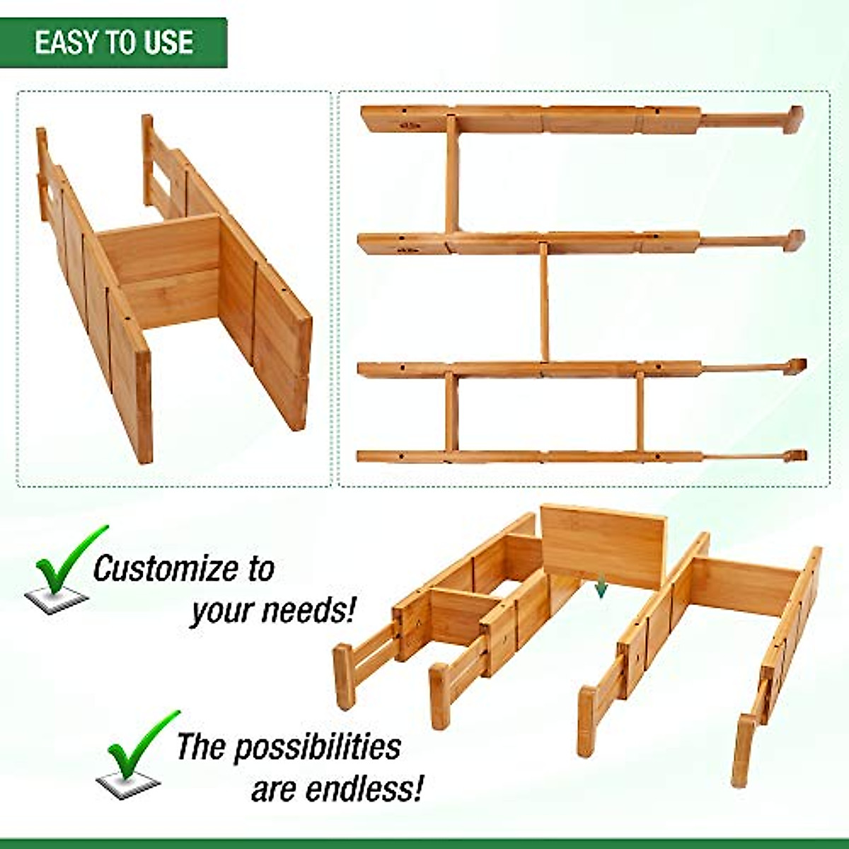 *UPGRADED* Kitchen Drawer Dividers w/Inserts and Liner - Adjustable Bamboo Organizers for Drawers - Spring Loaded, Large for Utensils and Deep for Clothes - Tall Wood Draw Divider Separator (Long)