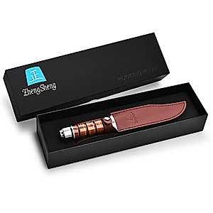 ZhengSheng 6.7 inches Fixed Blade Hunting Knife Genuine Leather Handle Bowie Knife with Leather Sheath Straight Edge Knife for Camping, Hiking, Survival
