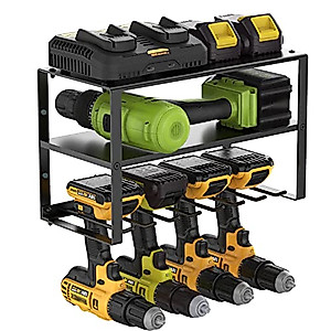 OUUO 3 Tiers Tool Garage Organization Drill Holder Heavy Duty Carbon Steel Power Tool Organizer - USA Designed Garage Storage Shelves - Garage Wall Mount Shelf - Power Tool Storage Rack