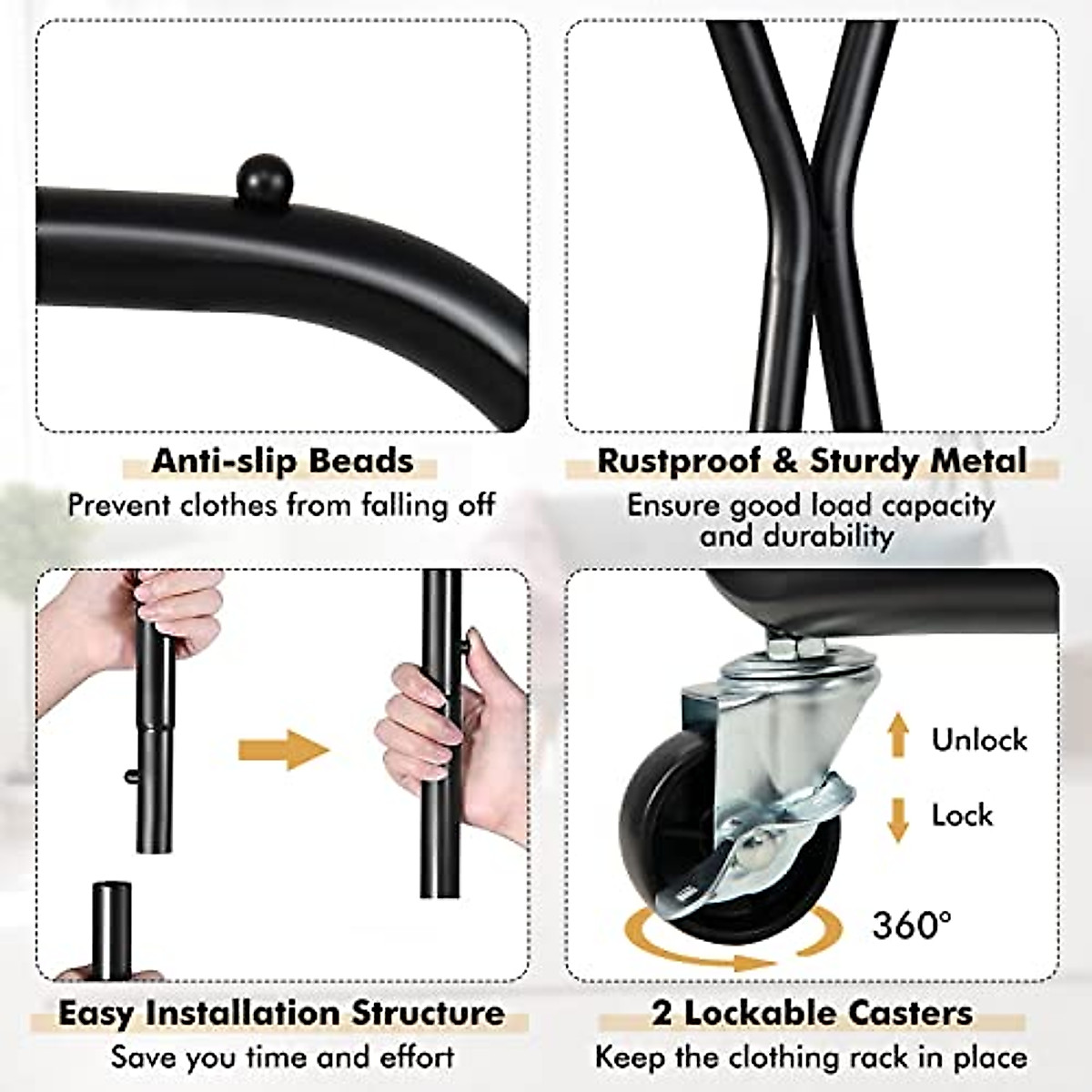 Giantex Metal Rolling Garment Rack, Clothing Rack with Wheels, Double Hanging Rods, 2 Shelves, 4 Hooks, Freestanding Clothes Organizer Rack with 2 Lockable Wheels for Bedroom, Balcony, Dorm, Black