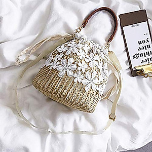 Straw Crossbody Bag, Women Beach Shoulder Summer Top Handle Crossbody Round Purse Ladies Woven Fashion Crochet (White)