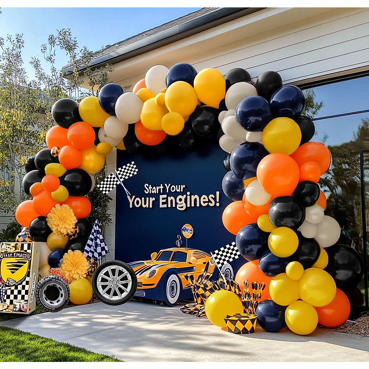 Race Car Balloon Arch - Blue Black Yellow Balloons Double Stuffed Black White Sand Yellow Balloons Navy Blue Orange Beige Balloon Garland Kit for Race Car Fire Truck Birthday Baby Shower Party Decor