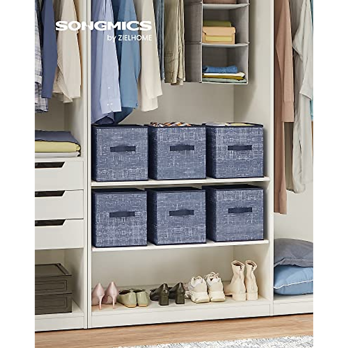 SONGMICS Storage Cubes, 11-Inch Non-Woven Fabric Bins with Double Handles, Set of 6, Closet Organizers for Shelves, Foldable, for Clothes, Misty Blue UROB026I01