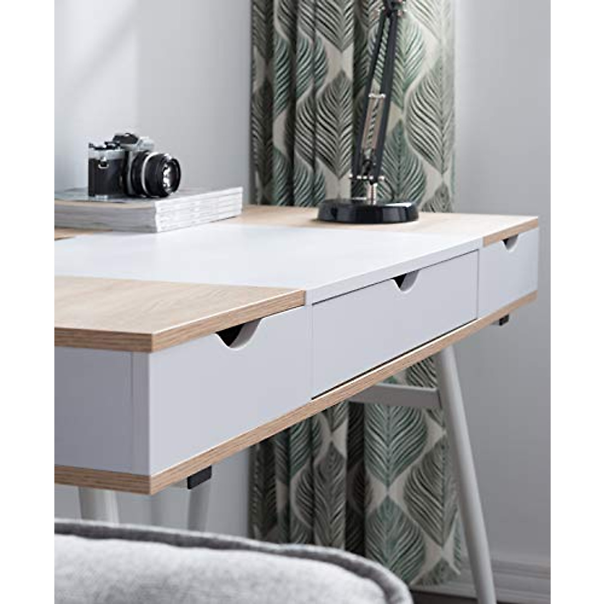 JJS Home Computer Desk, Writing Desk with Drawers, Contemporary Design Split Top Storage Modern Desk, Sturdy and Easy Assembly Spacious Desktop Mid Century Desk,White Desks for Bedroom Dresser Table