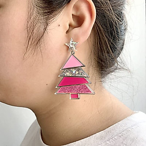 Pingyongchang Christmas Tree Acrylic Glitter Earrings for Women Lightweight Stars Drop Dangle Earrings Statement Holiday Jewelry Xmas Gifts-Pink