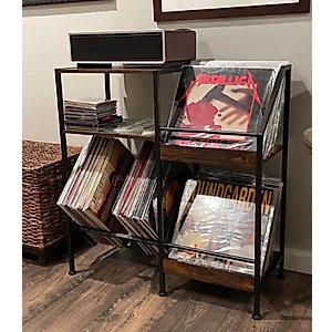 BNING Record Player Stand with Vinyl Storage, Large Capacity Turntable Stand as End Table for Album Storage, Cabinet for Living Room Bedroom
