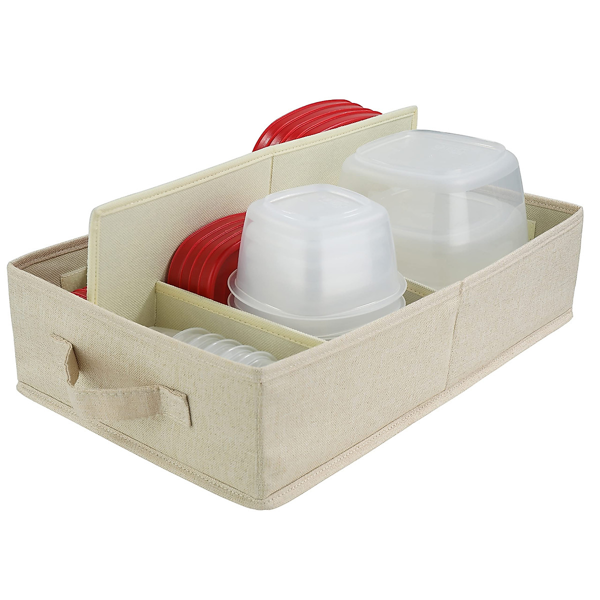 HappiBox Food Storage Container Organizer Box – Kitchen Drawer Organizer Compatible with Tupperware, Rubbermaid, Glad Containers and Lids – Adjustable Foldable Cloth Box