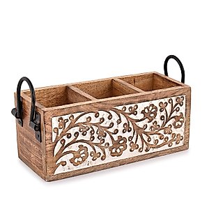 BHAVATU Mango Wood Utensil Drawer Organizer, Silverware Tray Organizer, Kitchen Drawer Organizer for Flatware Cutlery (11" x 4" x 4.5")