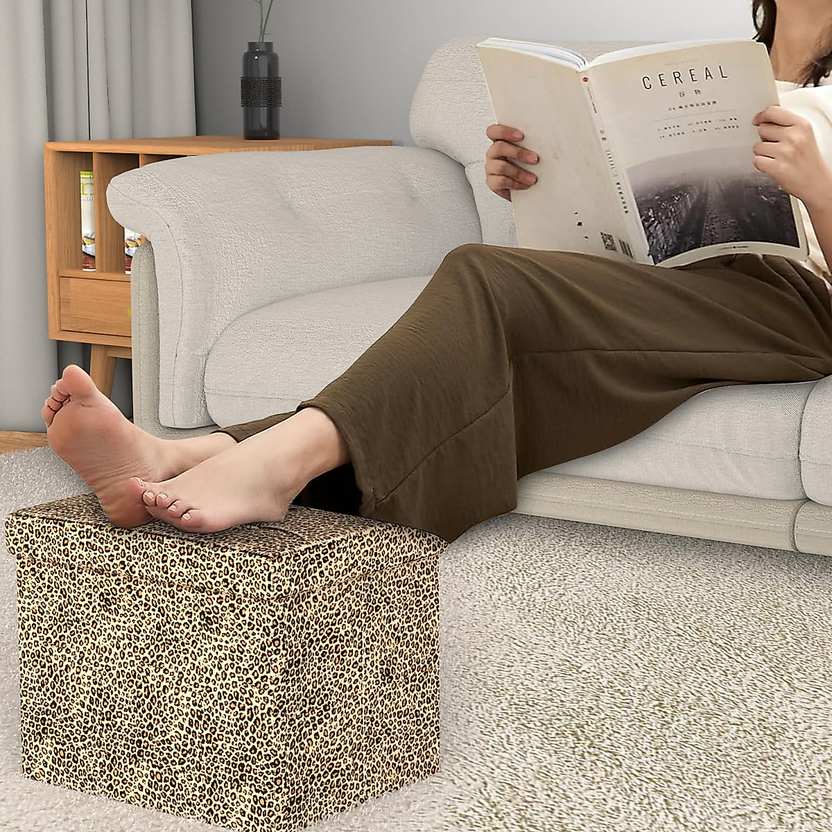 eMOUSE Storage Ottoman Bench Foldable Footrest Stool Seat for Bedroom and Living Room Small Bench Foot Stool Rectangle Cube Leopard L17W13H13IN…