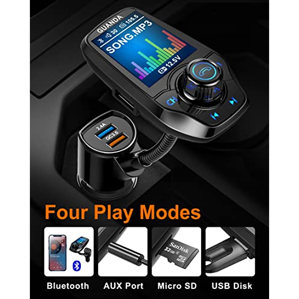 Bluetooth FM Transmitter in-Car Wireless Radio Adapter Kit W 1.8" Color Display Hands-Free Call AUX in/Out SD/TF Card USB Charger QC3.0 for All Smartphones Audio Players - RM100 Black